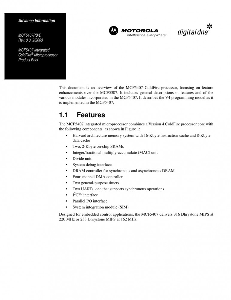 MCF5407 product brief page 1
