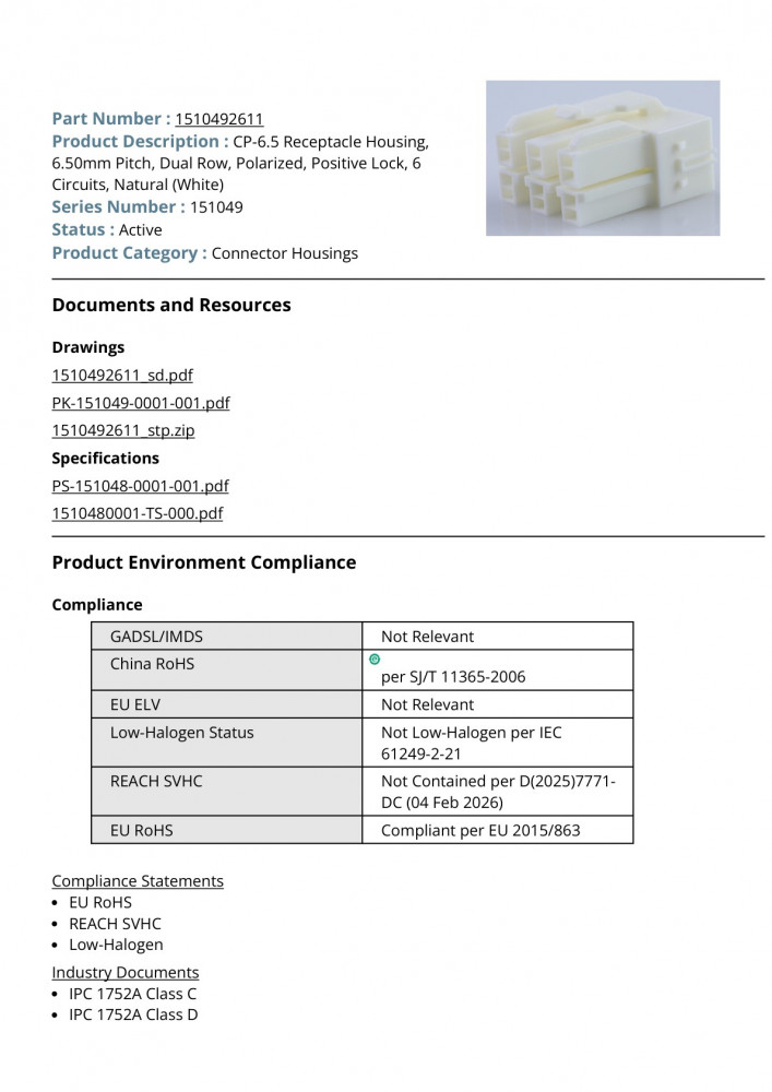 Molex CP 6.5 mm connector product specification page preview 1