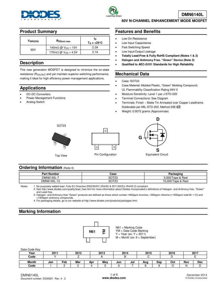 DMN6140L-7 datasheet page 1