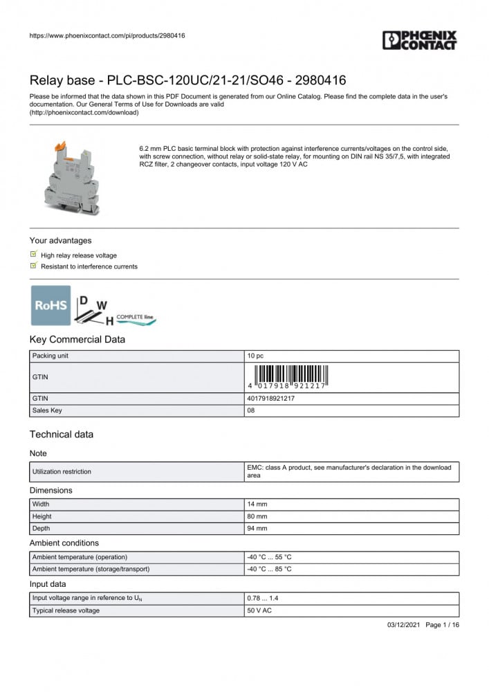 Phoenix Contact 2980416 technical document page 1