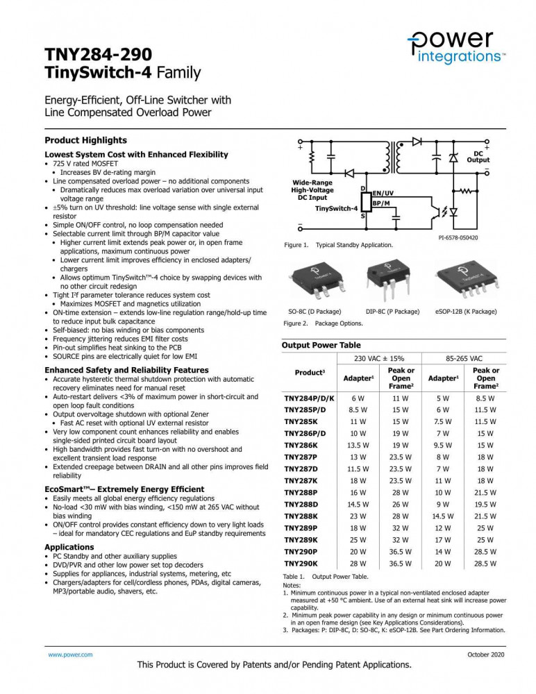 TNY286KG datasheet page 1
