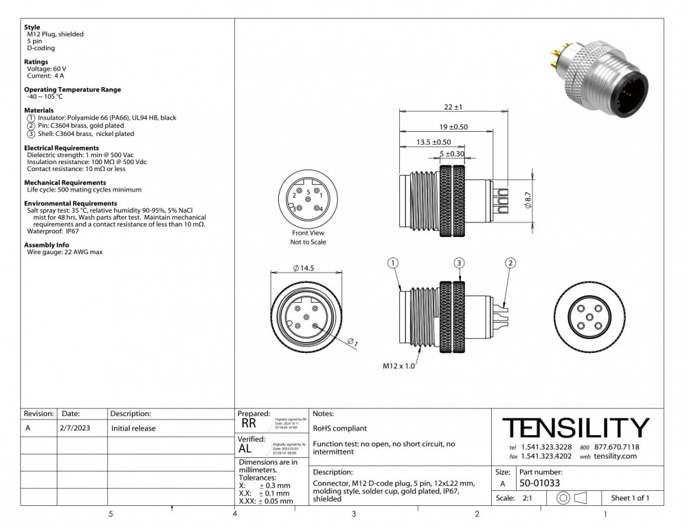 Tensility International 50-01033 M12 D-code 5-pin plug drawing