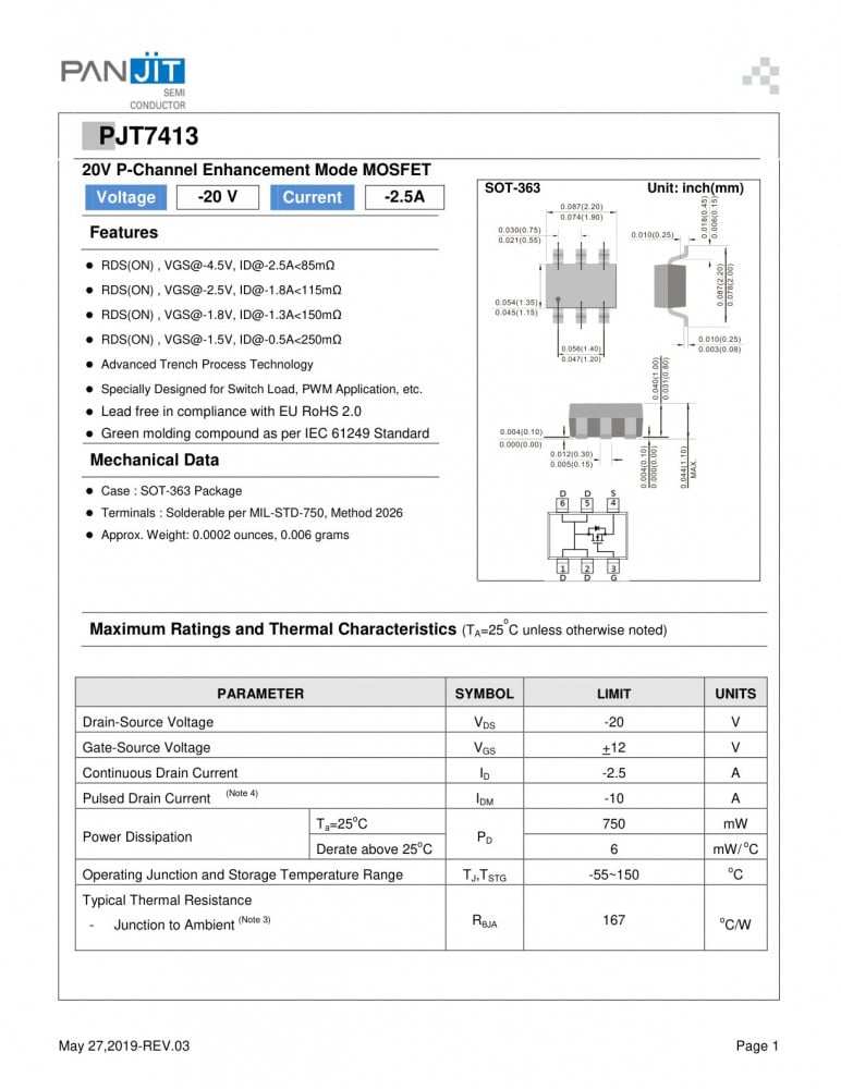 PJT7413 datasheet page 1