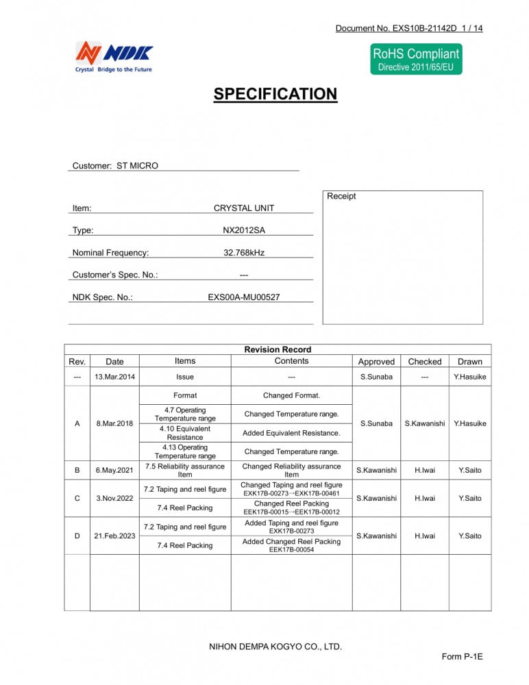 NDK MU00527-32.768K specification page 1