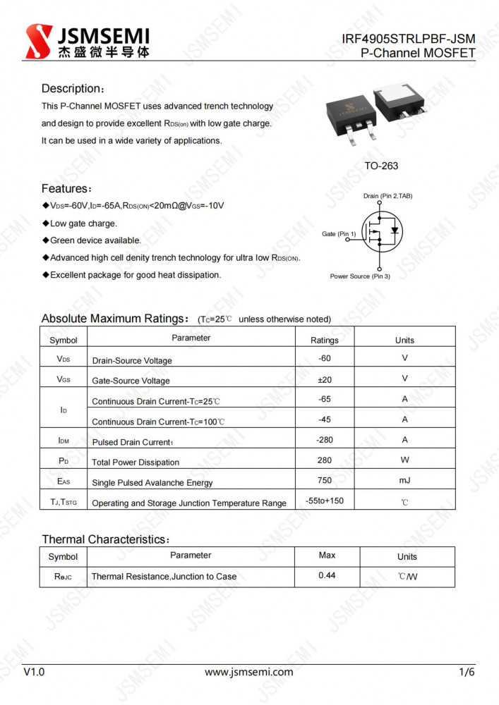 IRF4905STRLPBF-JSM datasheet page 1