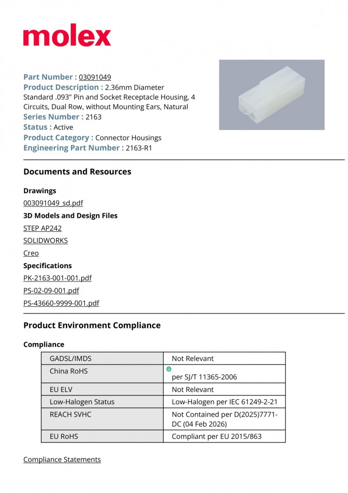 MOLEX .093 Standard Pin Terminals document page 1