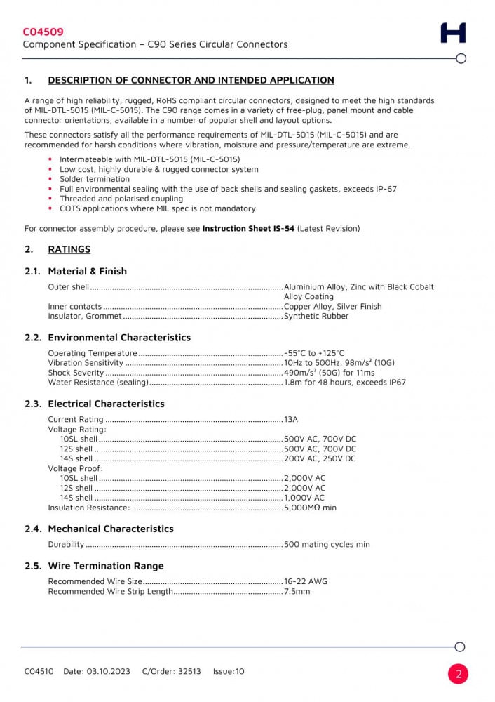 Harwin C90 Series specification page 2