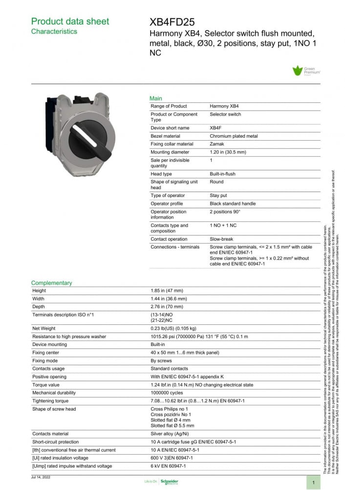 XB4FD25 technical document page 1