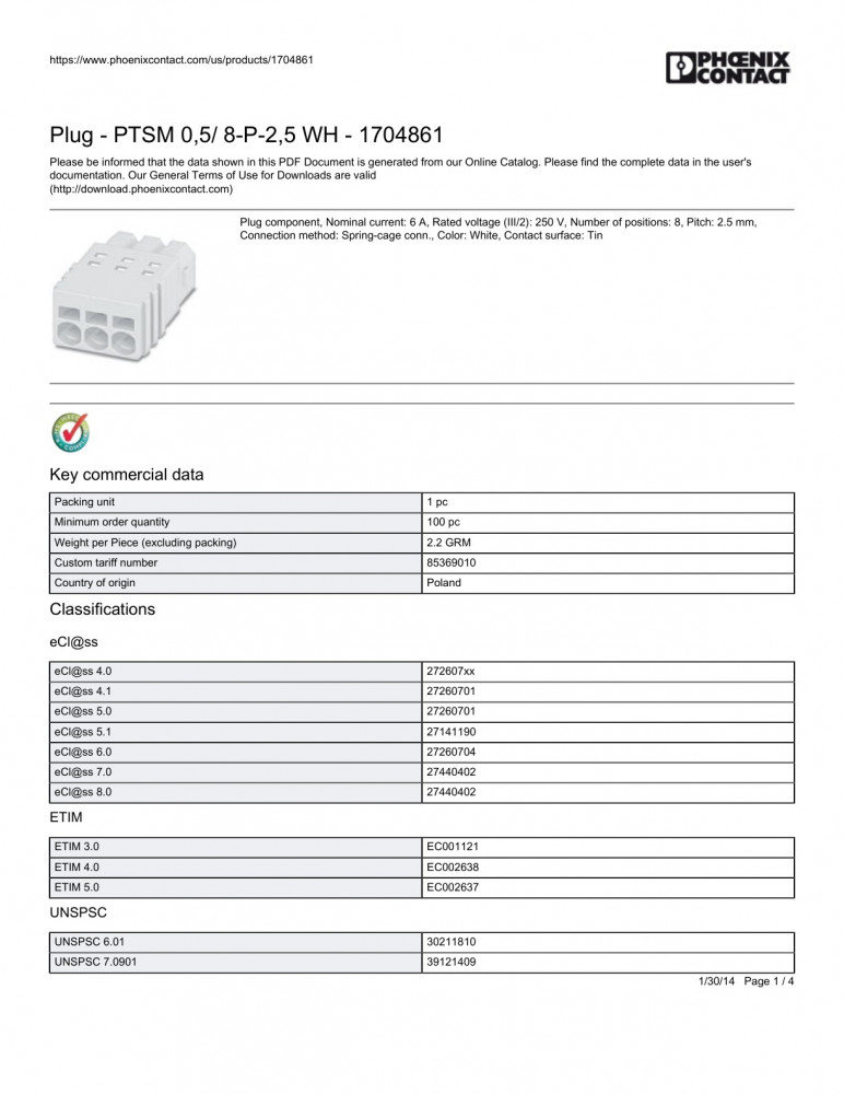 Phoenix Contact 1704861 product documentation page 1