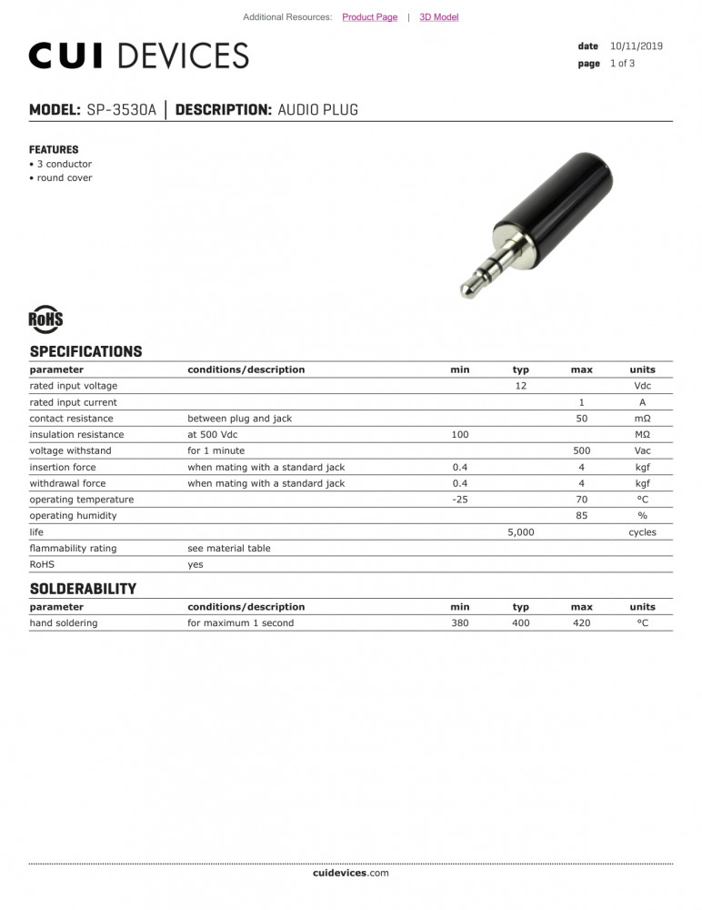 SP-3530A technical document page 1