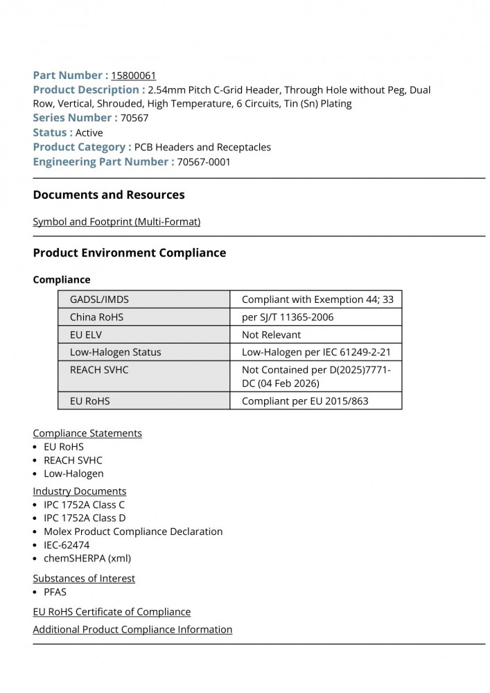 Technical document image 1 for MOLEX 15800061