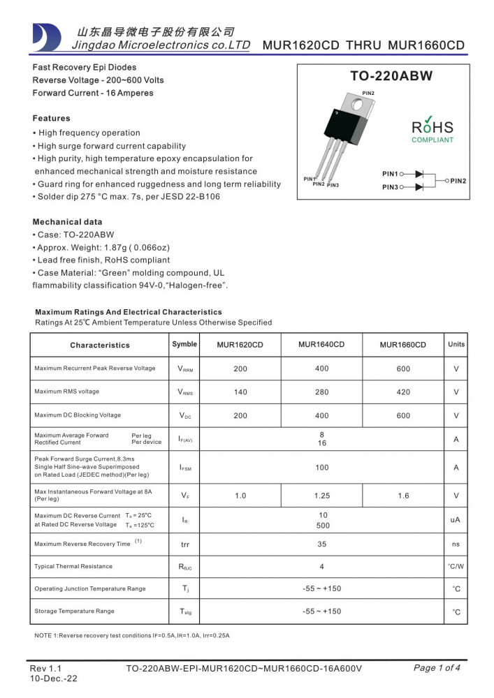 MUR1620CD datasheet page 1