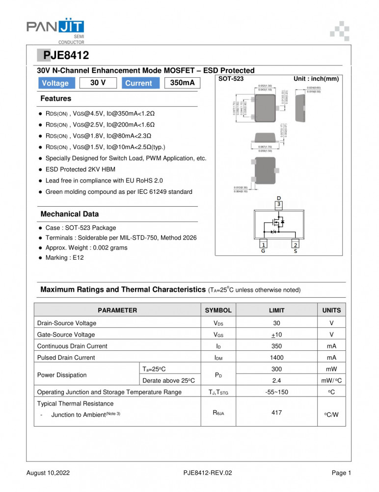 PJE8412 datasheet page 1