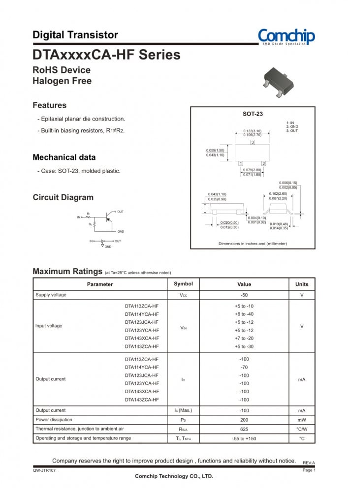 DTA143ZCA-HF datasheet page 1