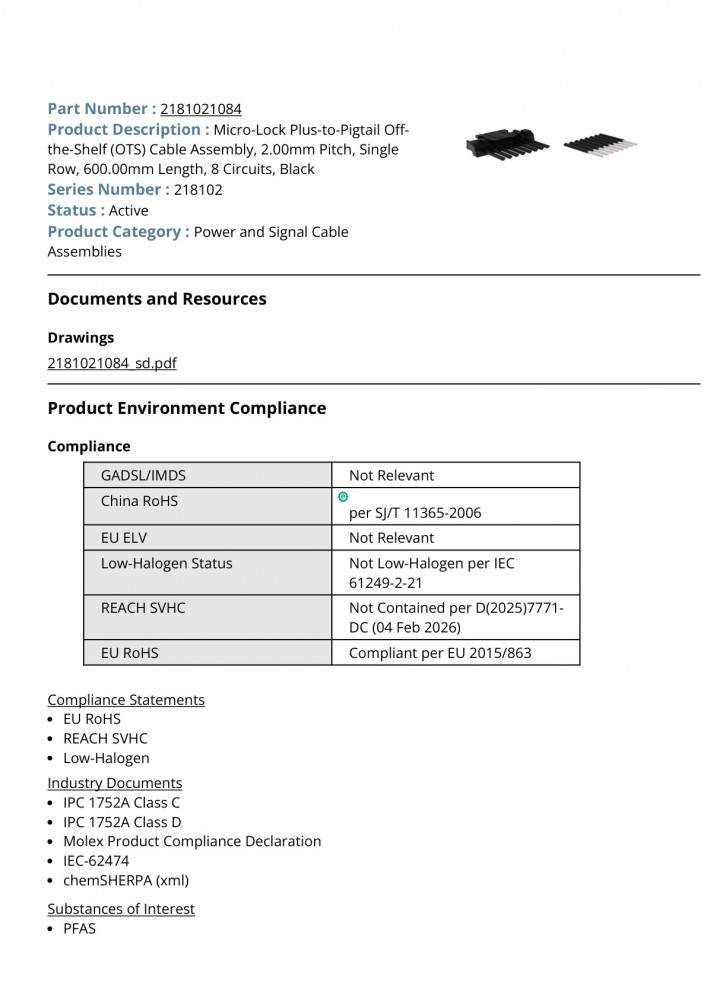 MOLEX 2181021084 product drawing page 1