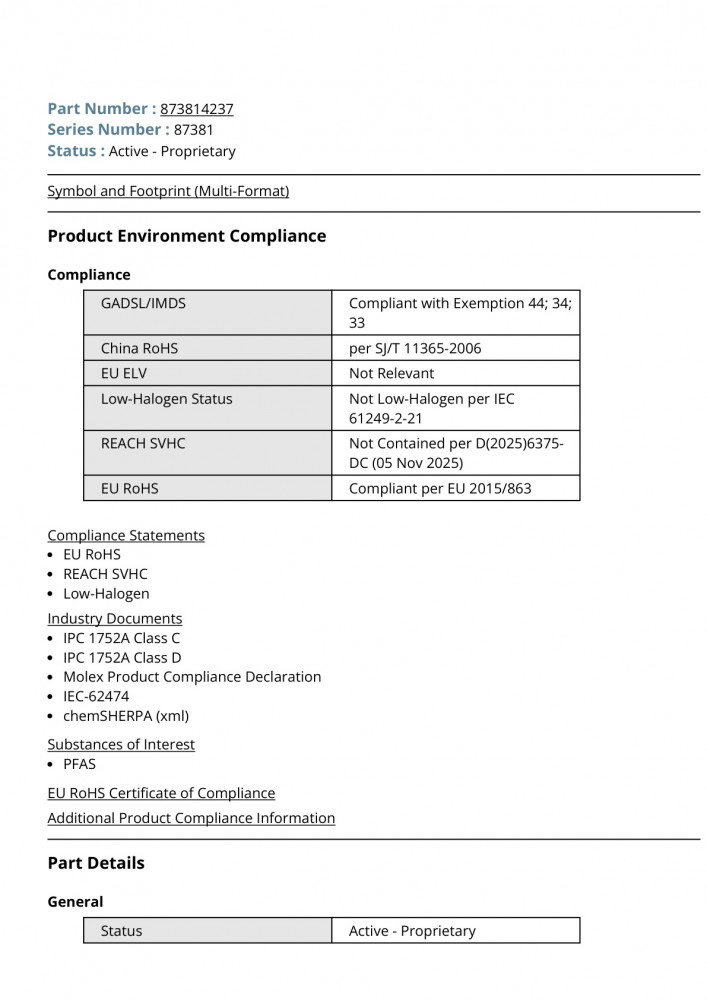 MOLEX 873814237 technical document preview, page 1