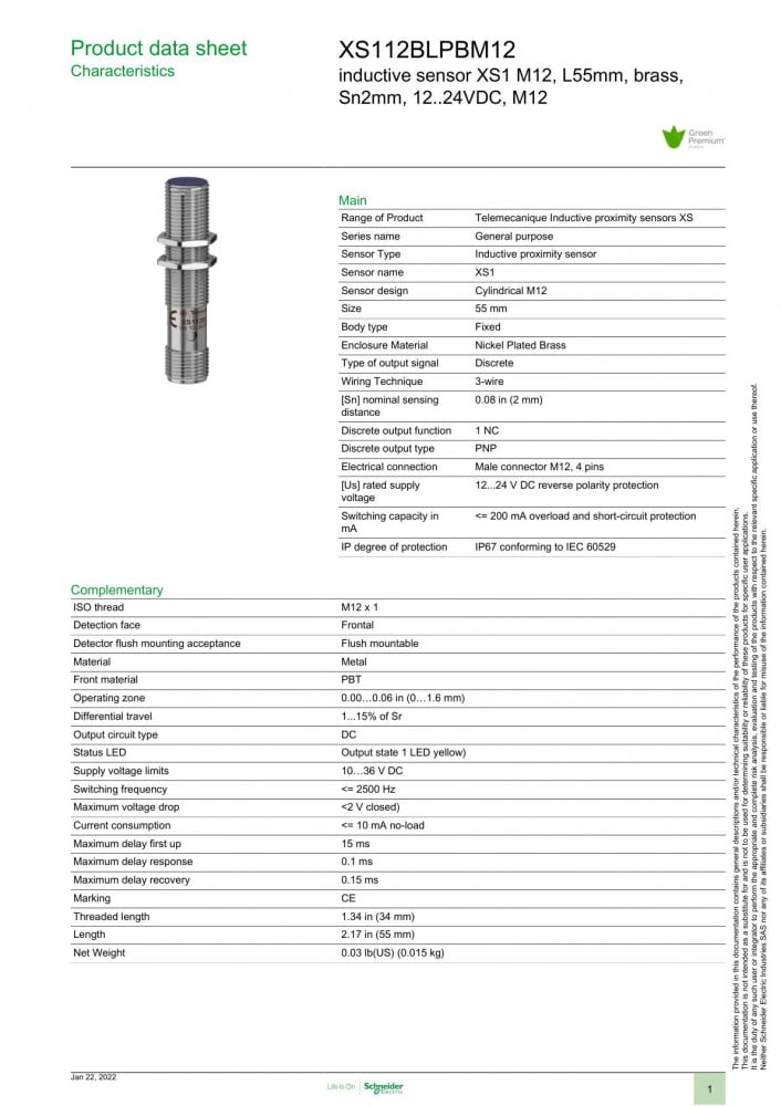 XS112BLPBM12 product data sheet page 1