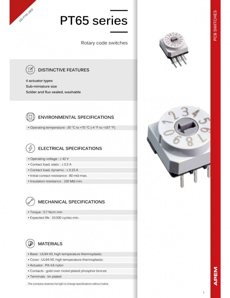 APEM PT65 documentation page 1
