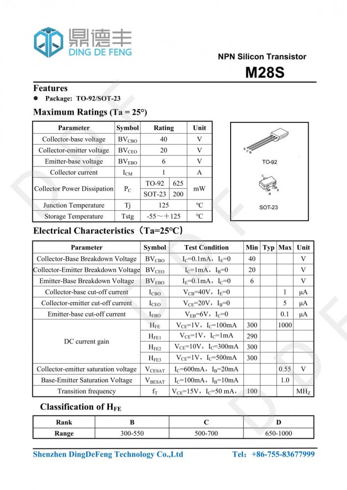 DDF M28S-TO-92 technical document page
