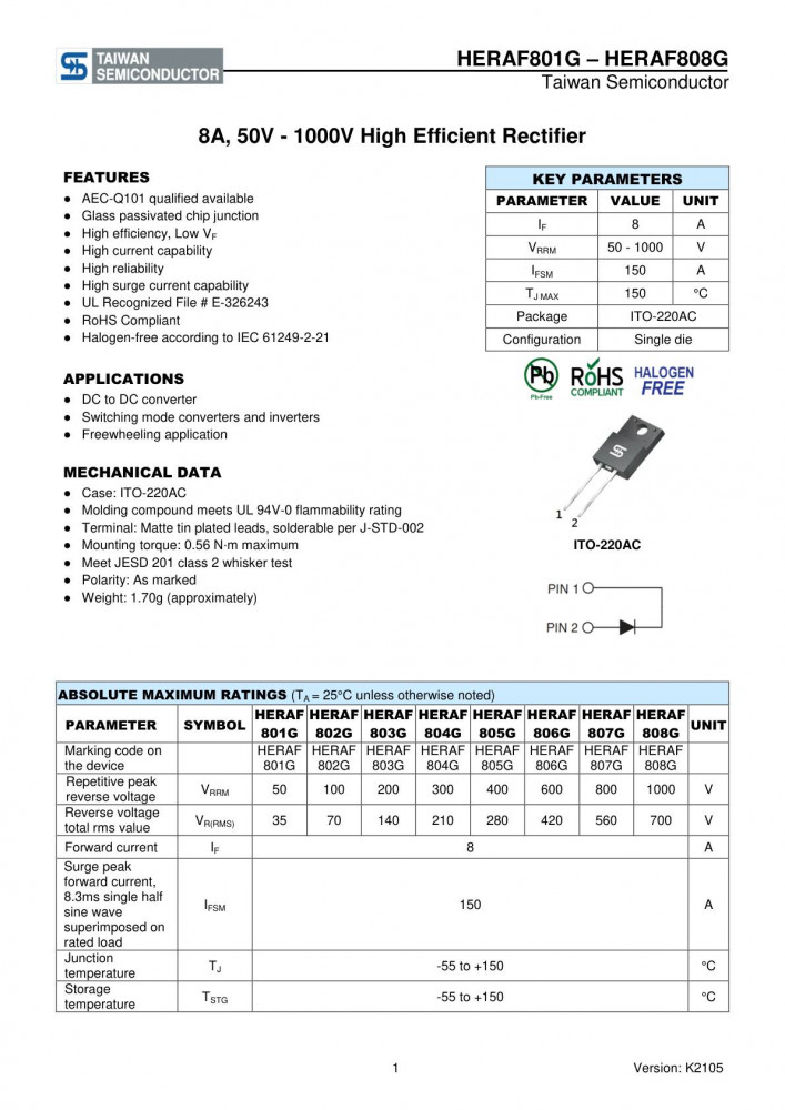 Taiwan Semiconductor HERAF801G datasheet page 1