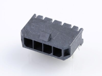Micro-Fit 3.0 Vertical Header, 3.00mm Pitch, Single Row, 4 Circuits, with PCB Press-fit Metal Retention Clip, 1.52µm Matte Tin Plating, Glow-Wire Capable, Black, Tape and Reel
