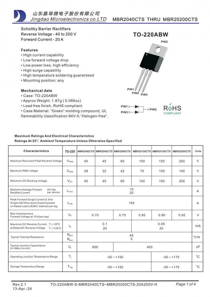 MBR20200CTS datasheet page 1