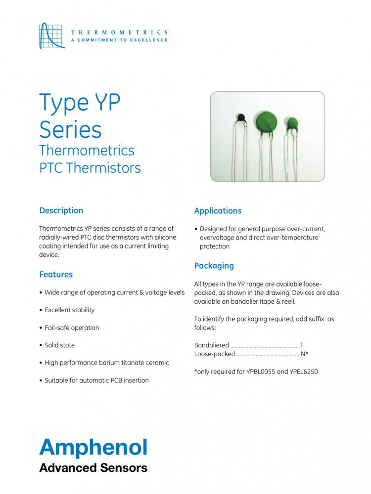 Amphenol YP series thermometrics PTC thermistor document page 1