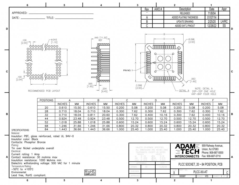 ADAM TECH PLCC-44-AT drawing sheet 1