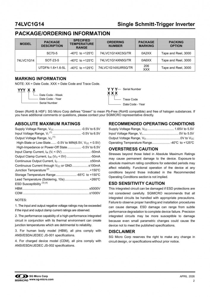 74LVC1G14 datasheet page 2