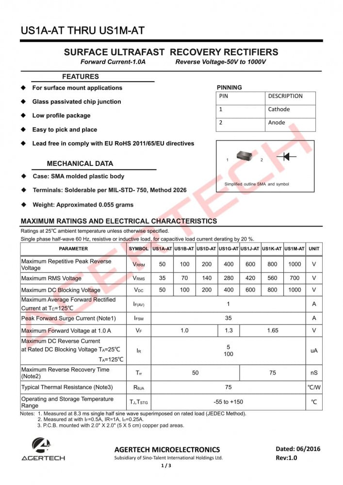 Agertech US1M-AT datasheet page 1