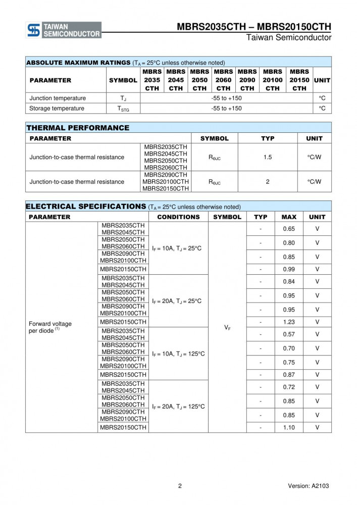 MBRS2060CTH datasheet page 2