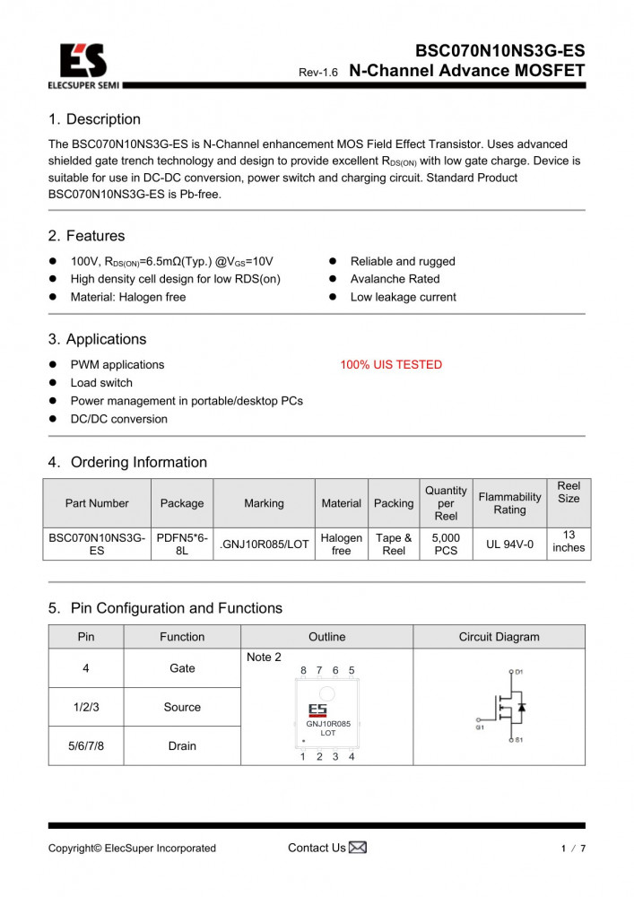 BSC070N10NS3G-ES datasheet page 1