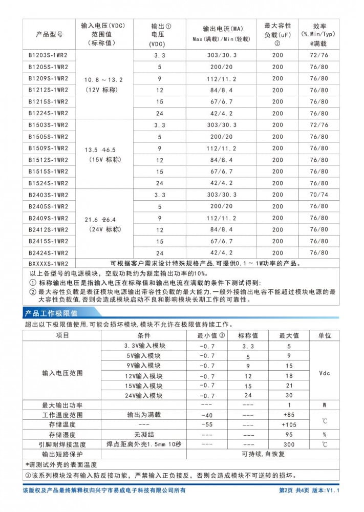 EVISUN B0505S-1WR2 datasheet page 2