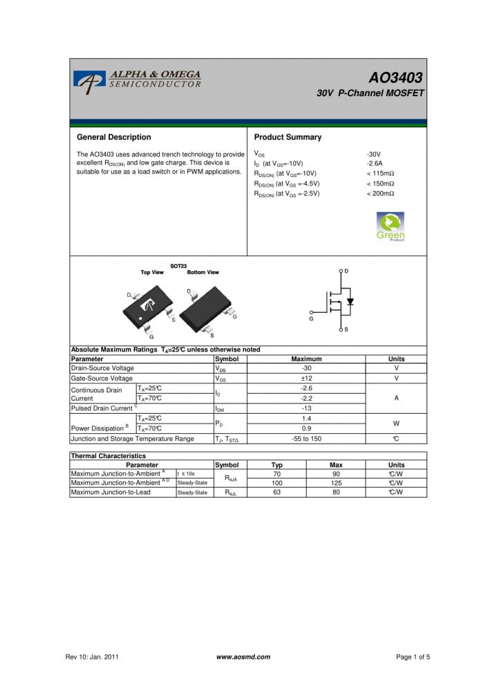 AO3403 datasheet page 1