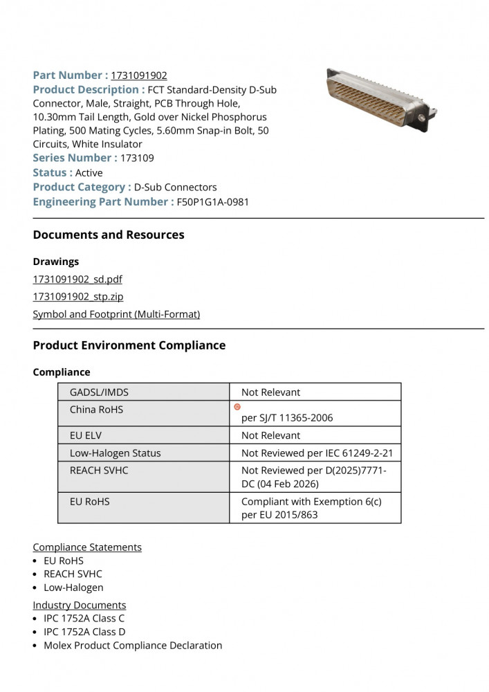 Technical document page 1 for MOLEX 1731091902