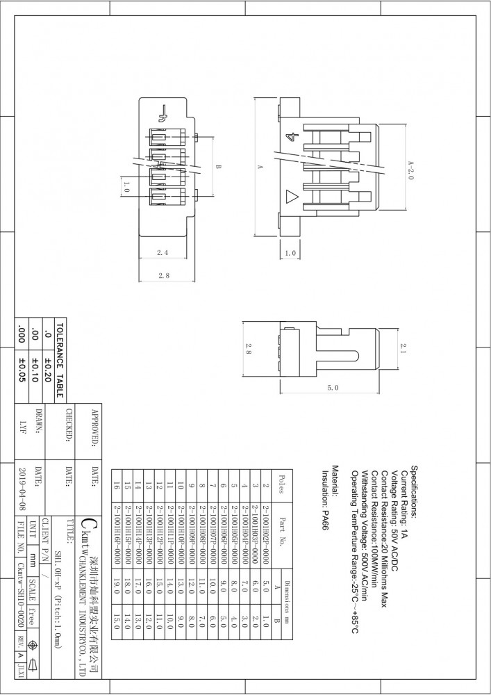 Ckmtw SH1.0H-xP connector drawing