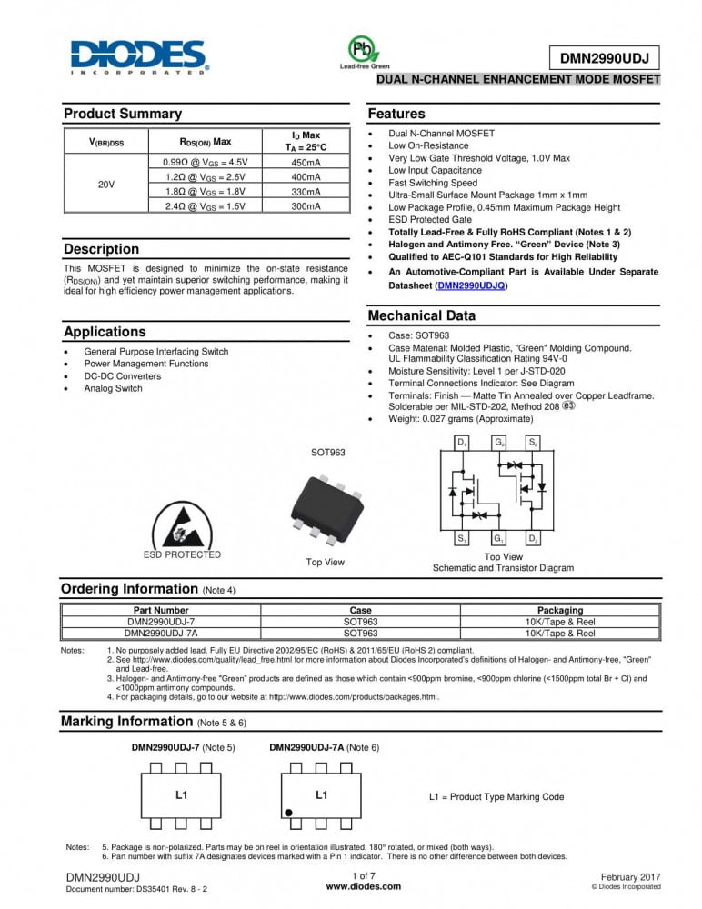 DMN2990UDJ-7 datasheet page 1