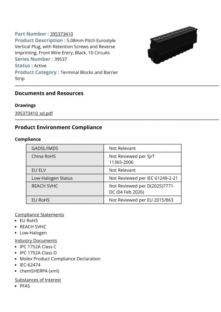 MOLEX 39537 series product drawing, sheet 1