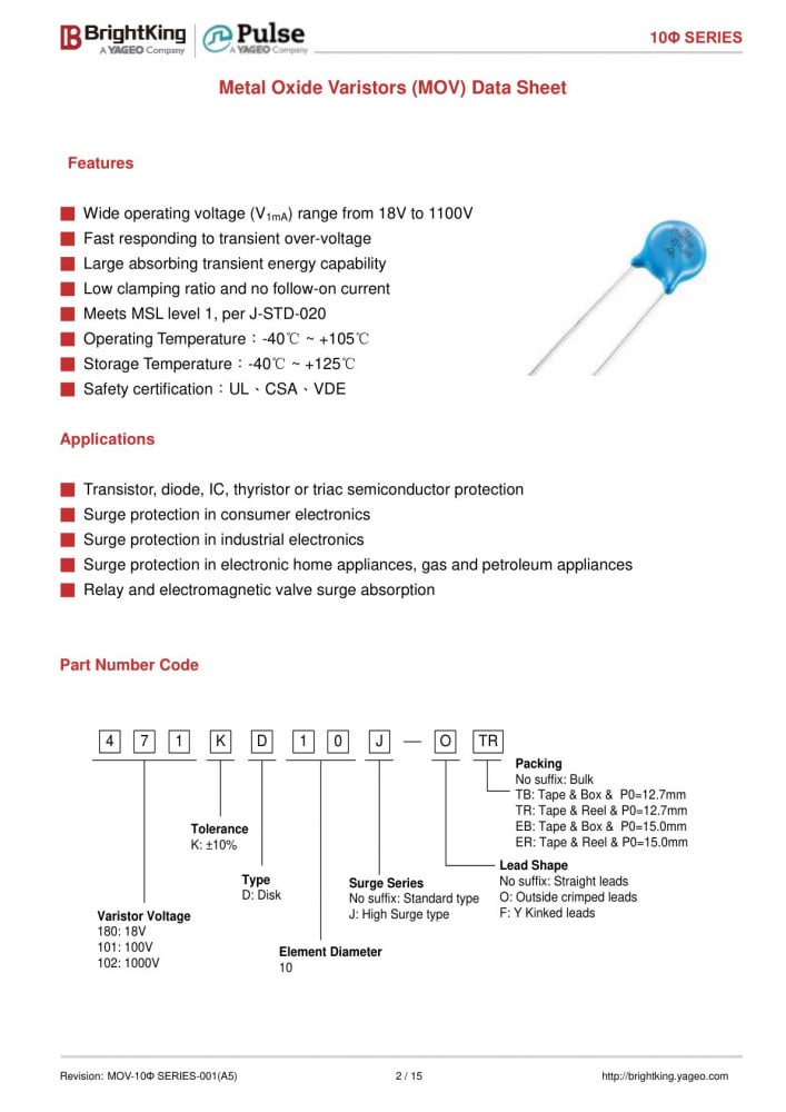 BrightKing MOV datasheet page 1