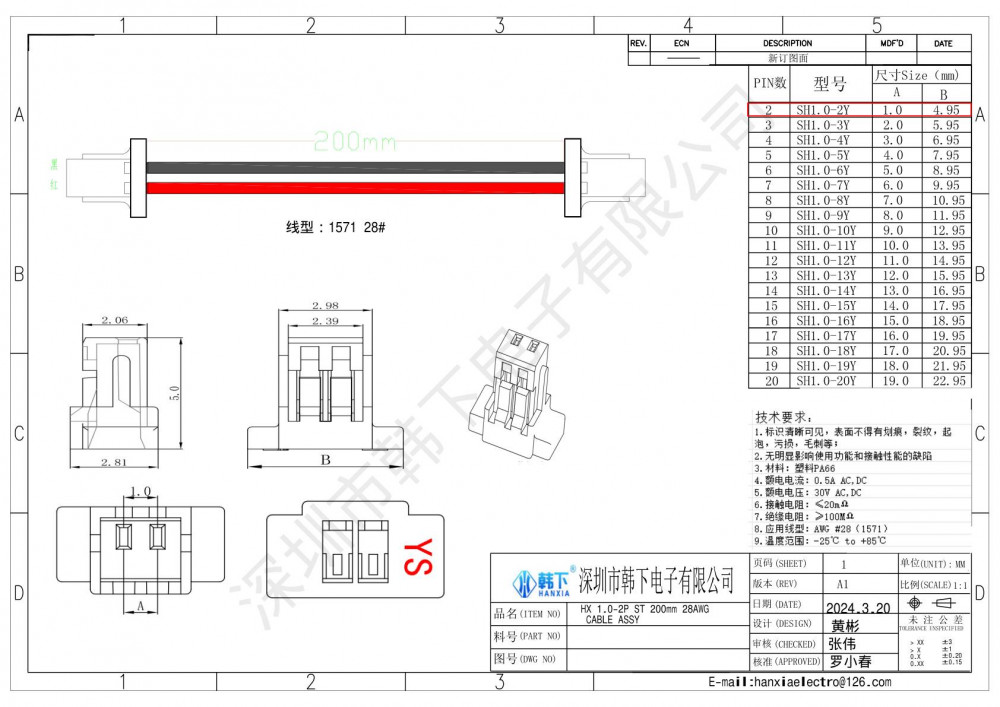 HANXIA HX 1.0-2P ST cable assembly technical drawing preview