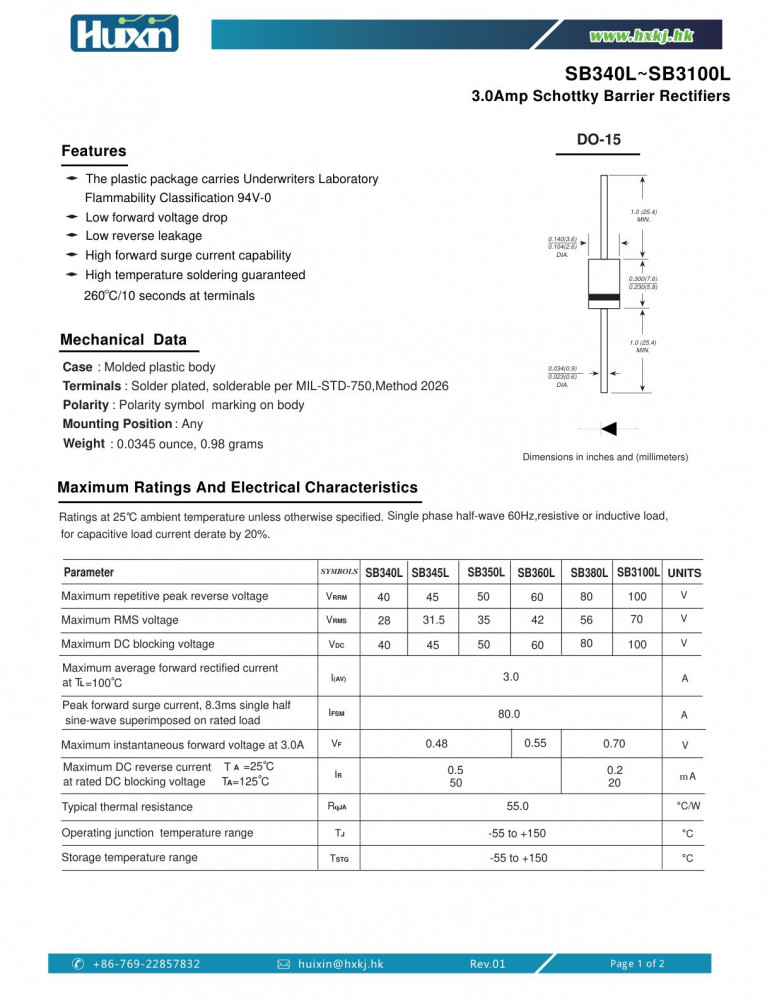 SB3100L datasheet mechanical and feature information