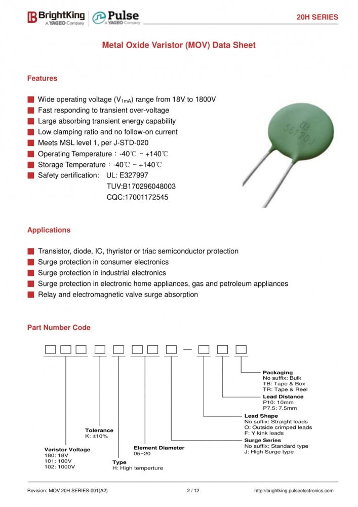 BrightKing MOV datasheet page 1