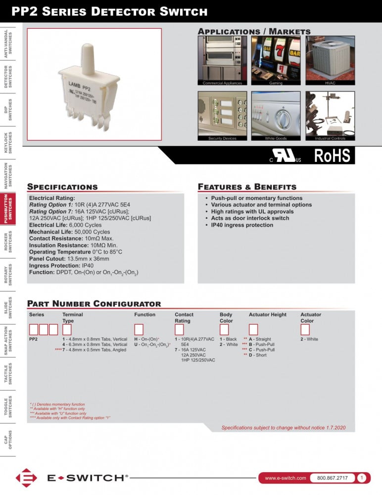 E-Switch PP2 Series datasheet page 1