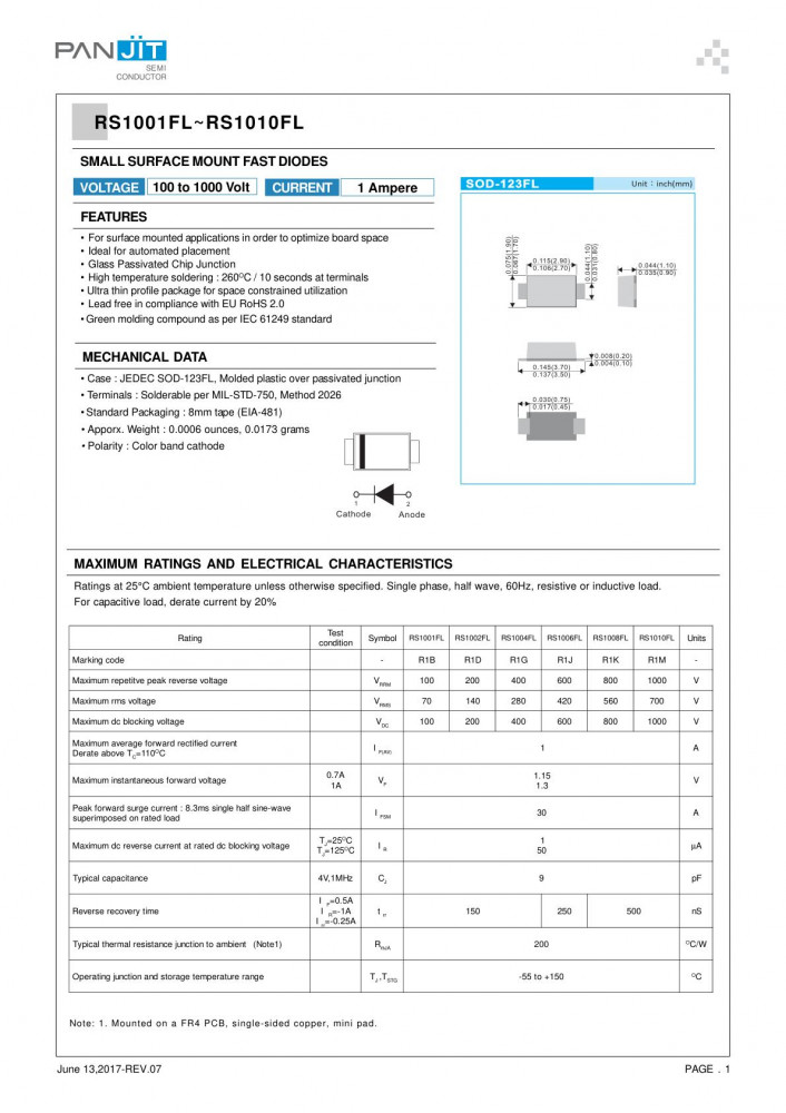 PANJIT RS1010FL datasheet page 1