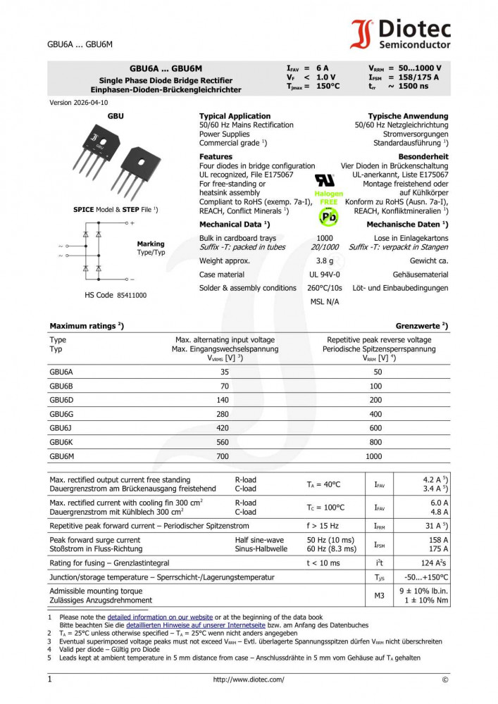 DIOTEC GBU6 series datasheet page 1
