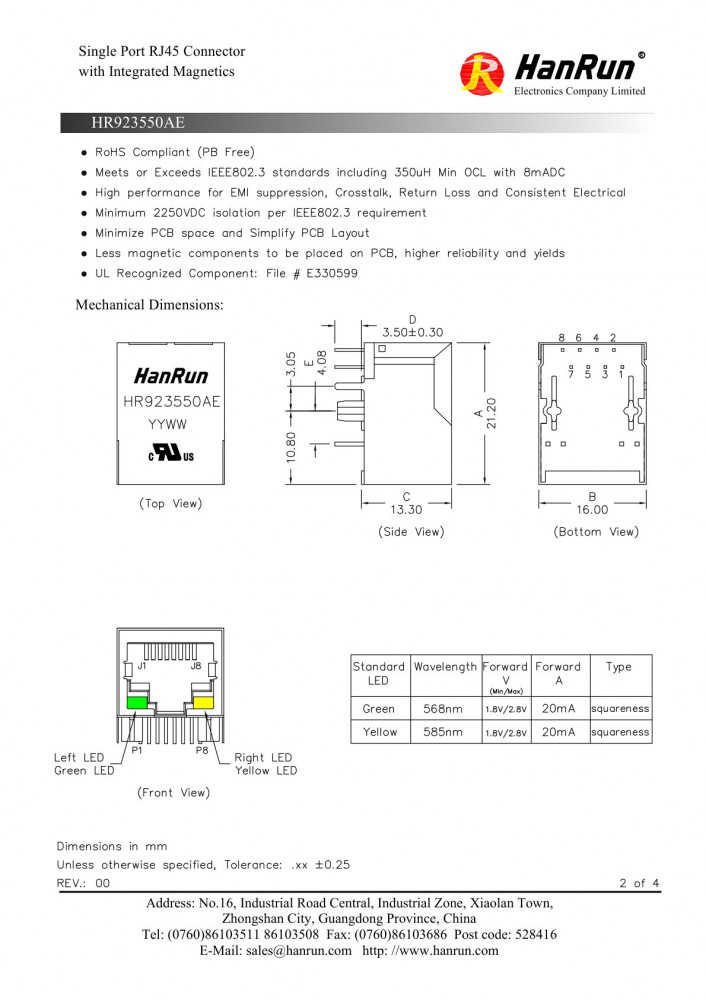 HR923550AE mechanical dimensions