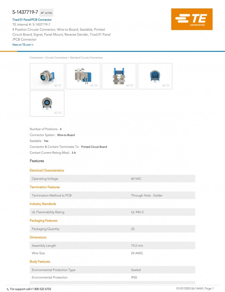 TE Connectivity 5-1437719-7 technical document page 1