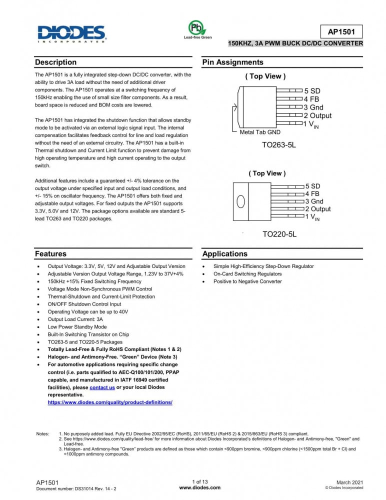 AP1501 datasheet page 1