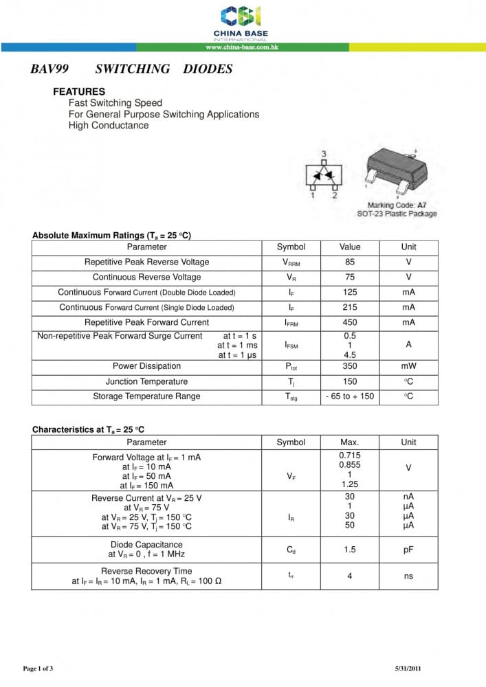 BAV99 datasheet page 1