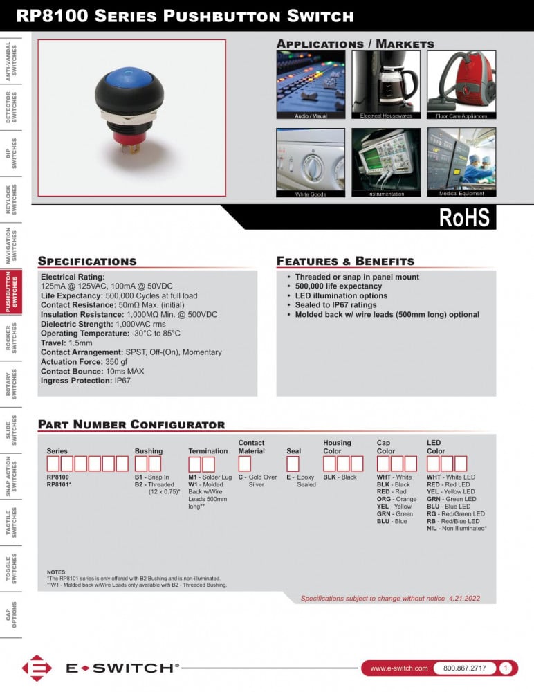 E-Switch RP8100 series datasheet page 1